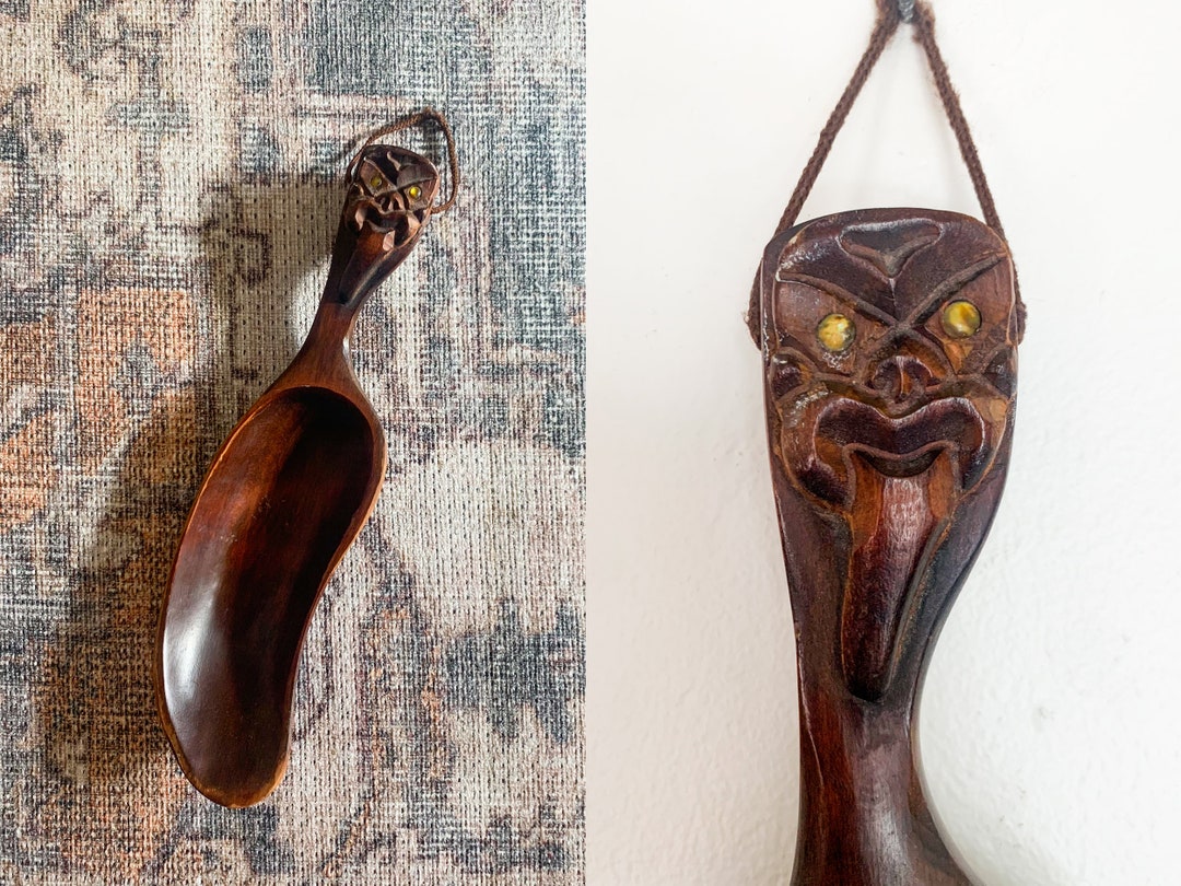 Vintage New Zealand Maori Wooden Scoop With Paua Shell Eyes Tiki Spoon ...