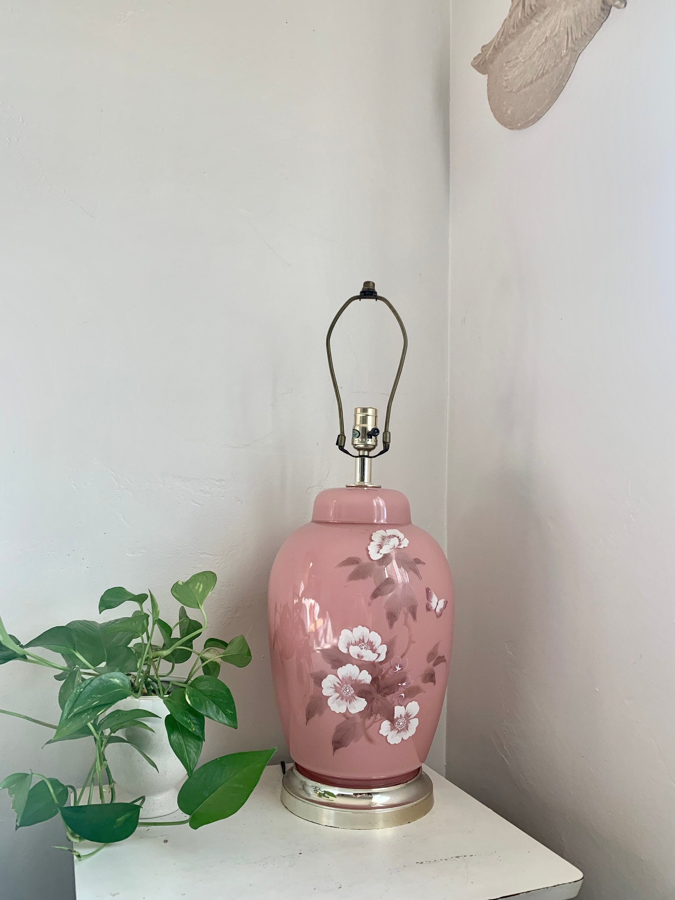 Vintage Pink Floral Glass Lamp Flowers and Butterflies - Etsy