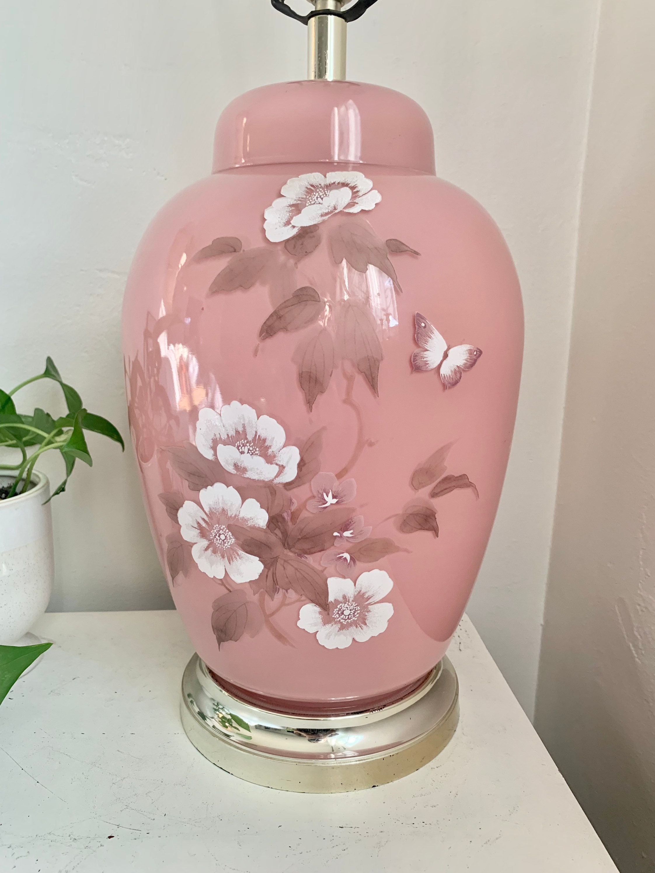 Vintage Pink Floral Glass Lamp Flowers and Butterflies - Etsy