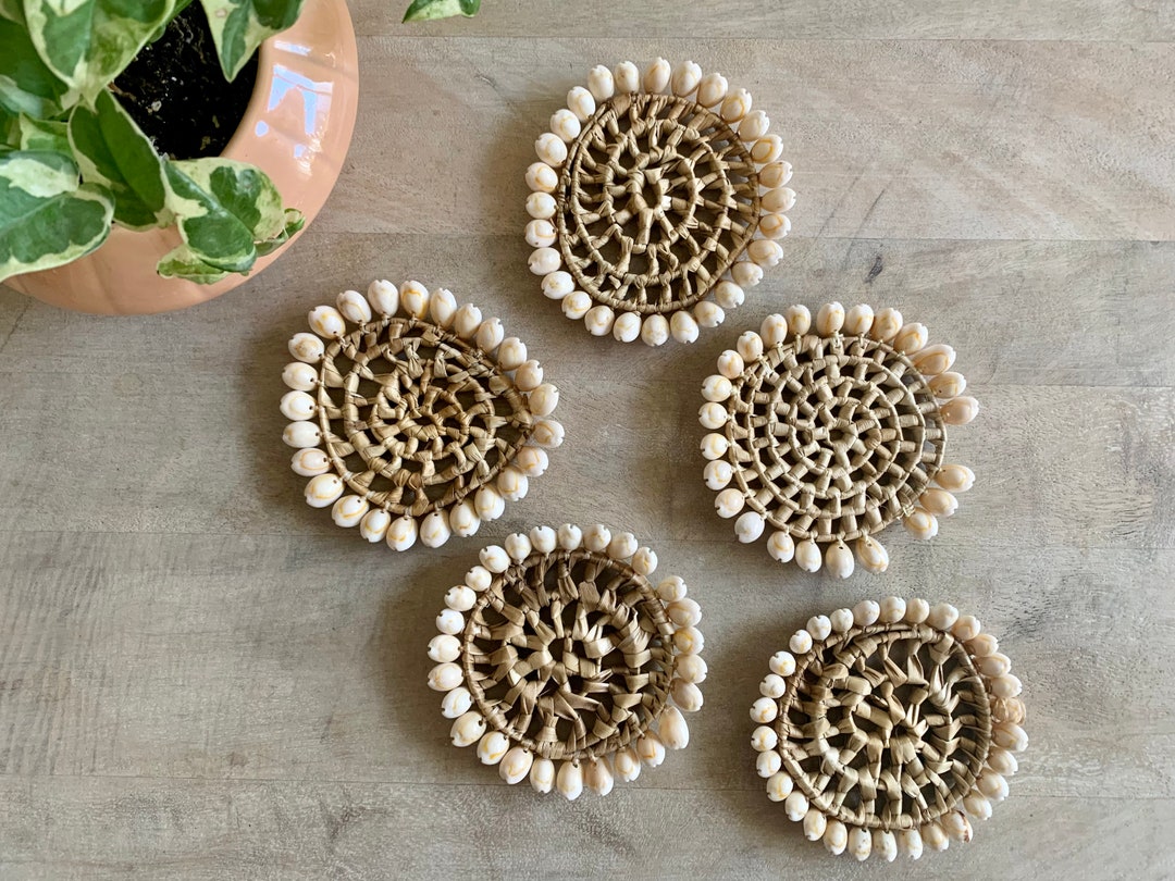 Vintage Boho Rattan Cowrie Shell Coasters set of 5 Wicker Coaster Set ...