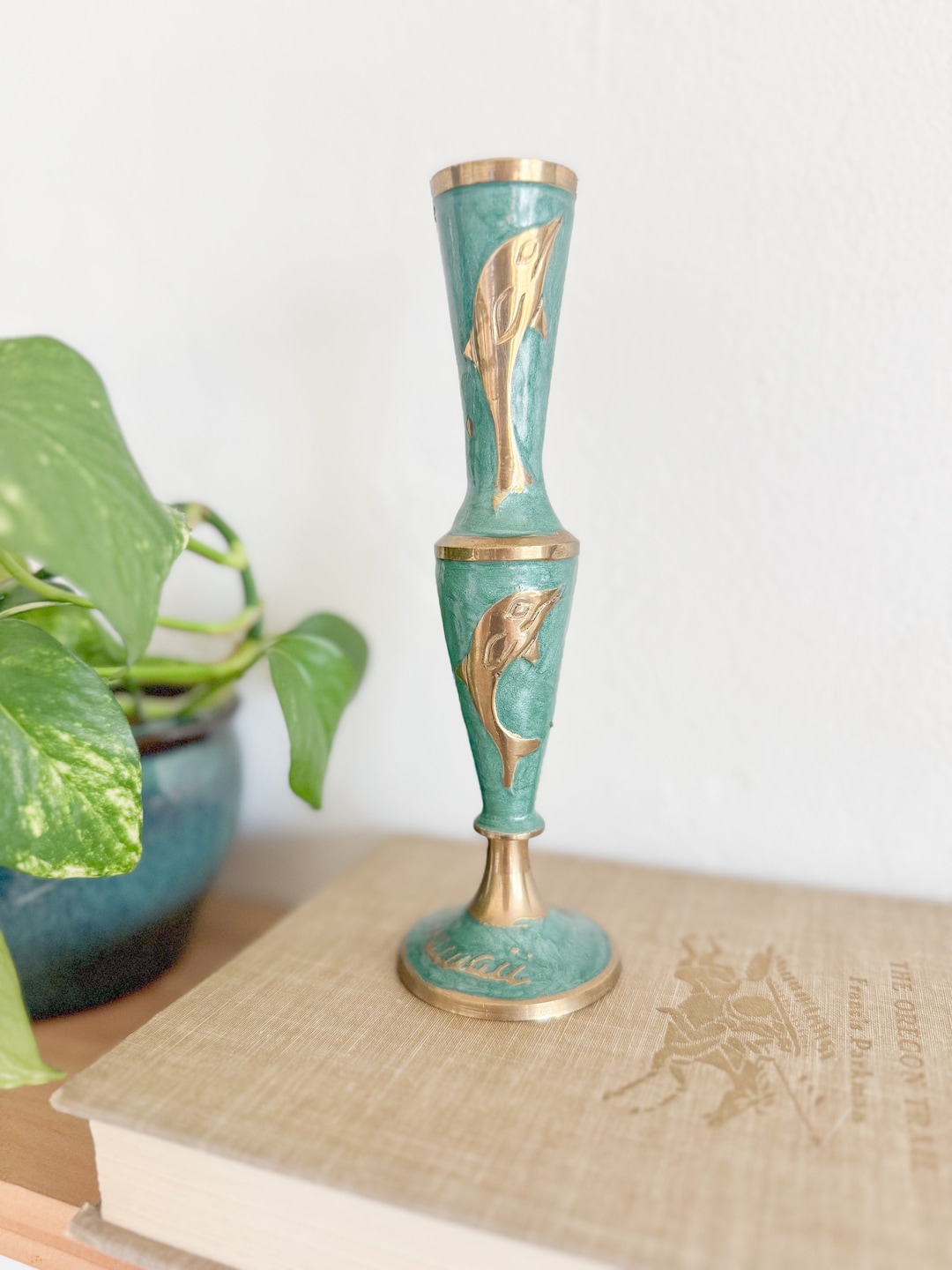 Vintage Brass Green Enamel Dolphin Vase – Brass Bud Vase, Hawaiian ...