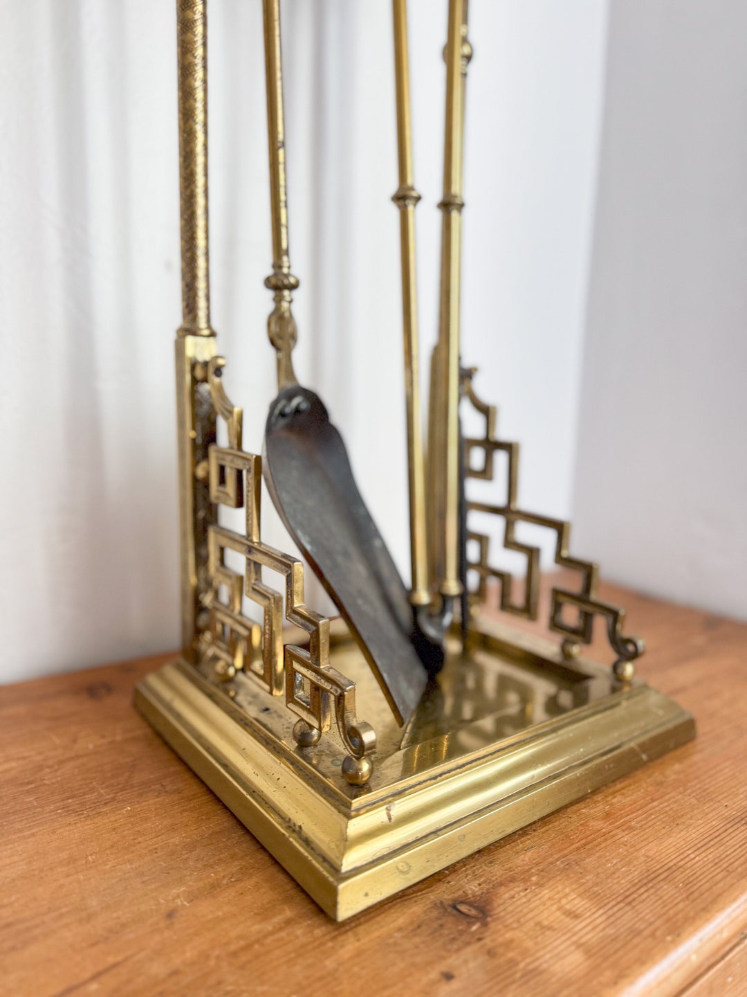 Art Deco Brass Fireplace Tool Set Shovel, Stoker, Tongs, Rack, Vintage ...
