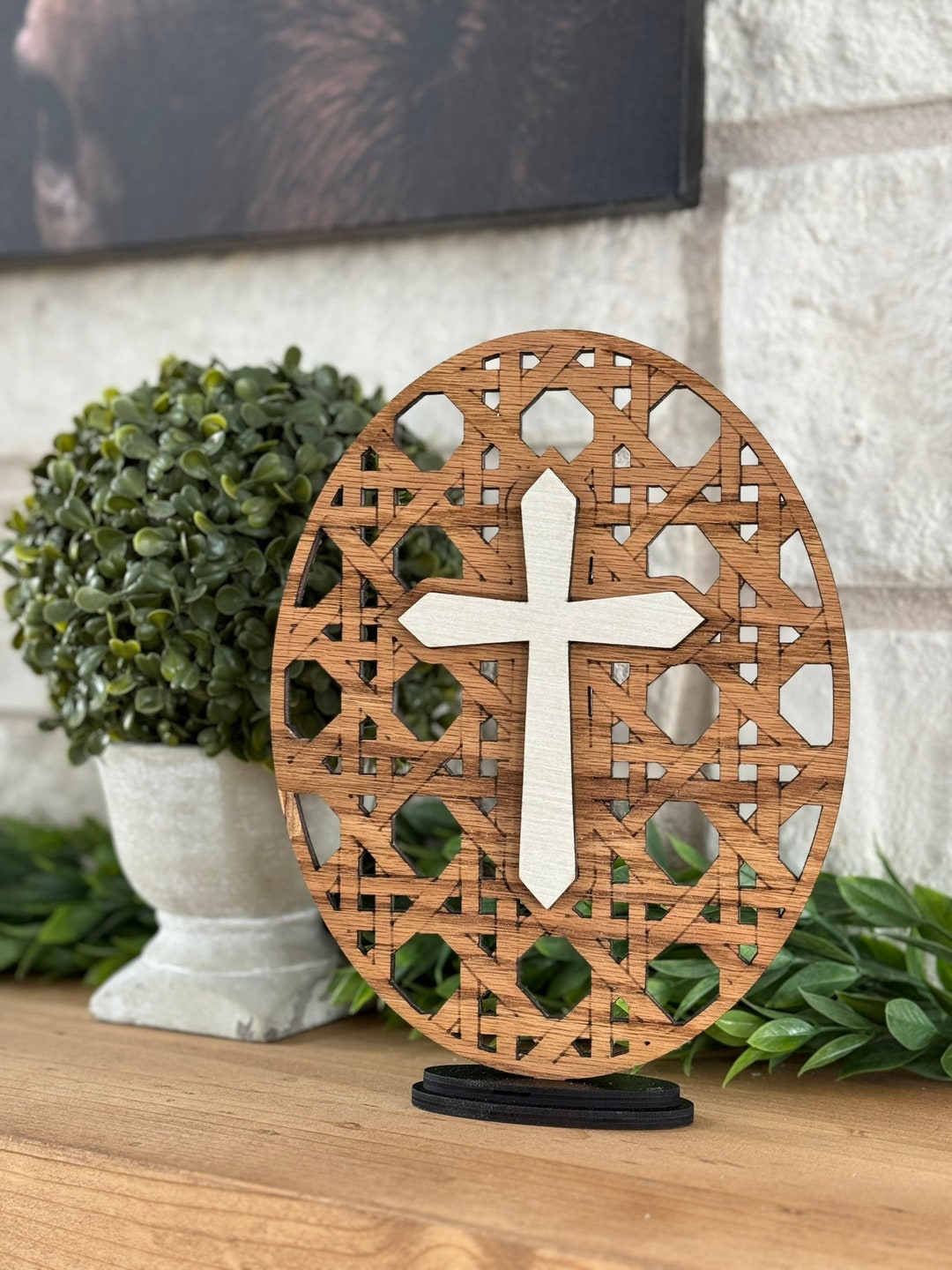 Cane Weave Cross Remembrance Shelf Sitter Mantle Minimalist in Loving ...
