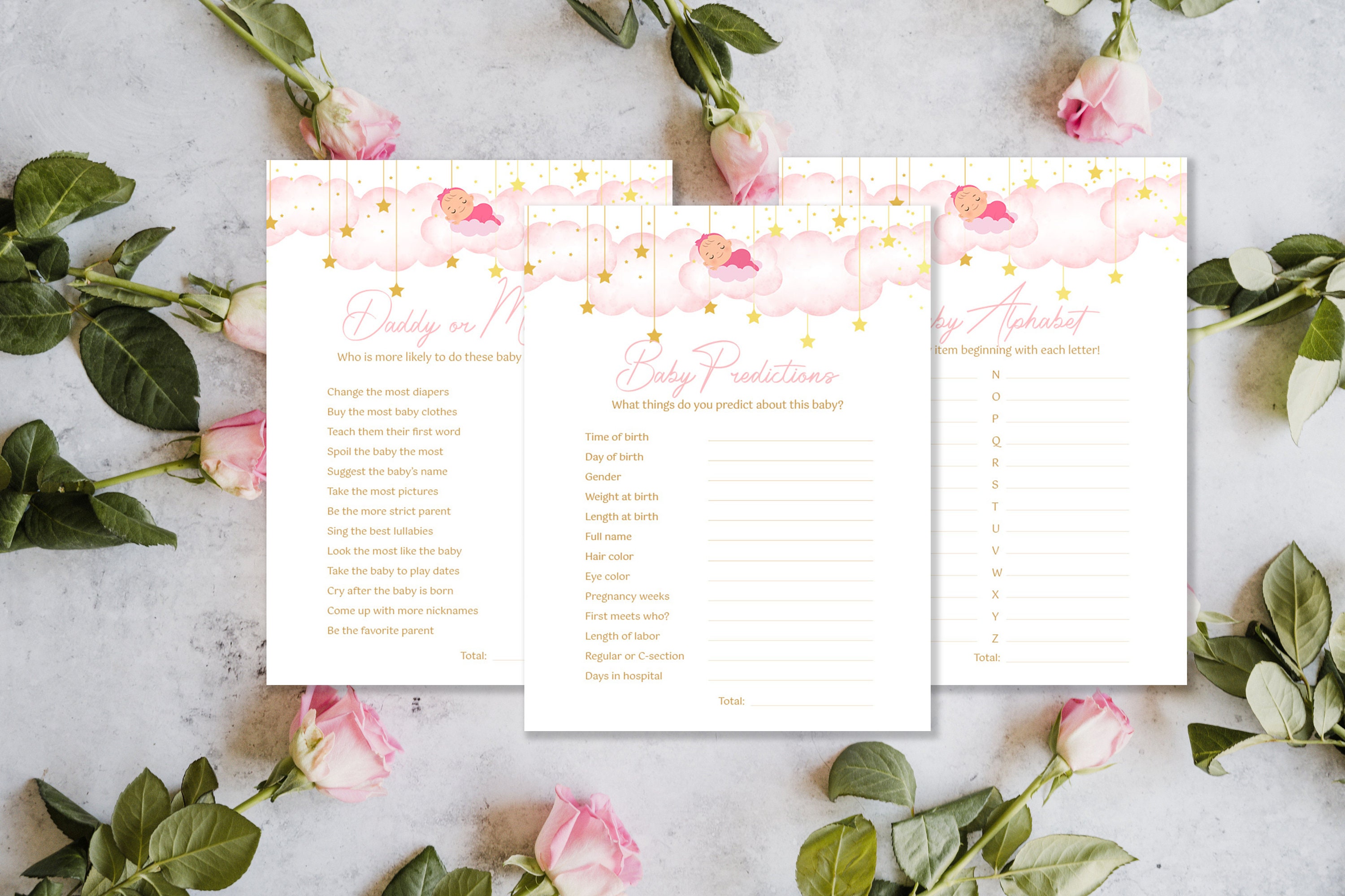 10 Baby Shower Games, Girl Baby Shower Games Printable, Pink Clouds ...