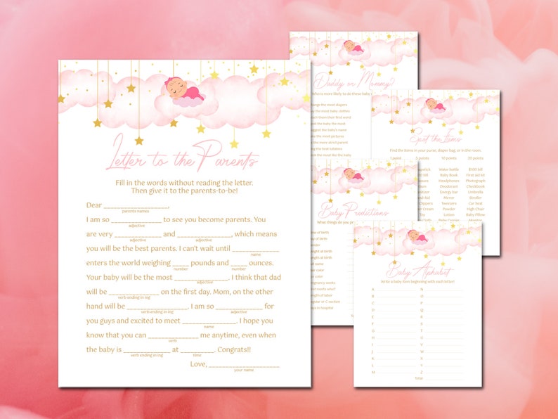 10 Baby Shower Games, Girl Baby Shower Games Printable, Pink Clouds ...