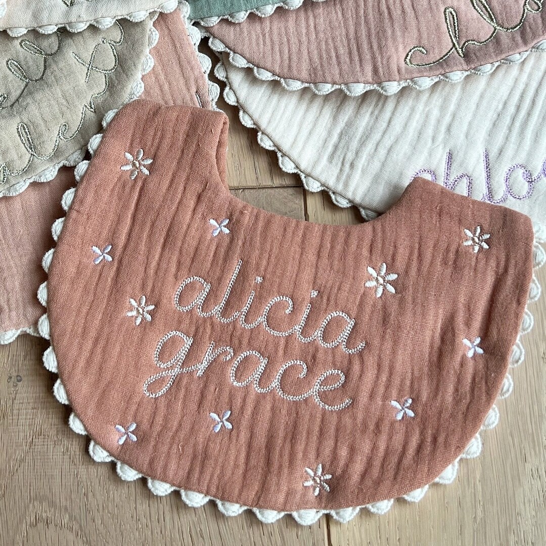 Embroidered Baby Bib, Burp Cloth, Gauze Bib, Pompom Bib, Lace Bib, Baby ...