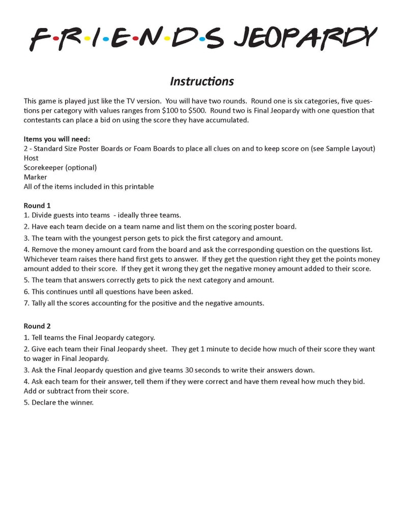 Friends Jeopardy - Friends TV Show Game - Etsy