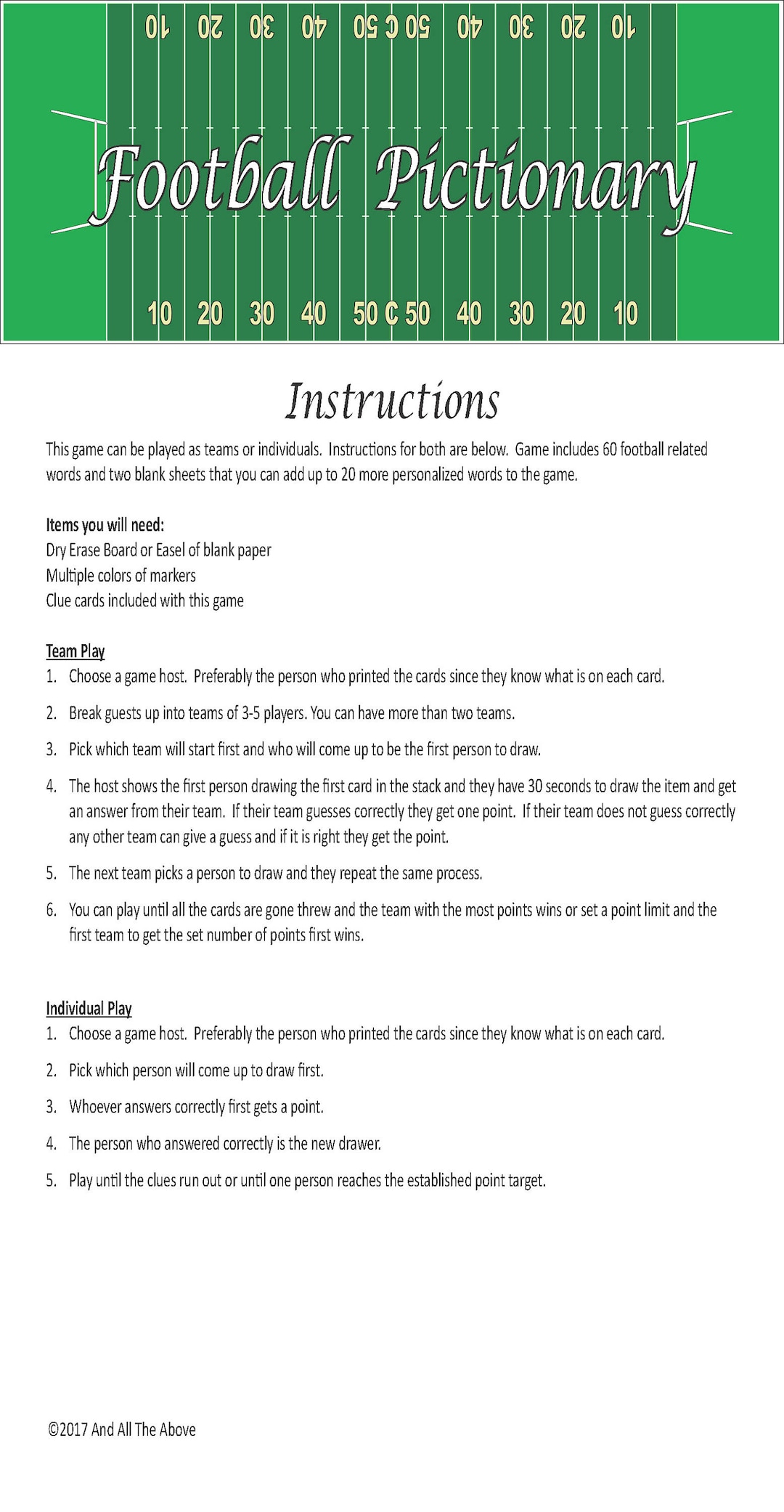 Football Pictionary DIGITAL DOWNLOAD, Drawing Game, Football Party Game ...