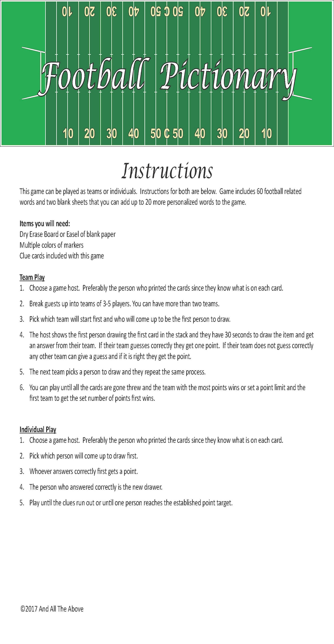 Football Pictionary DIGITAL DOWNLOAD, Drawing Game, Football Party Game ...