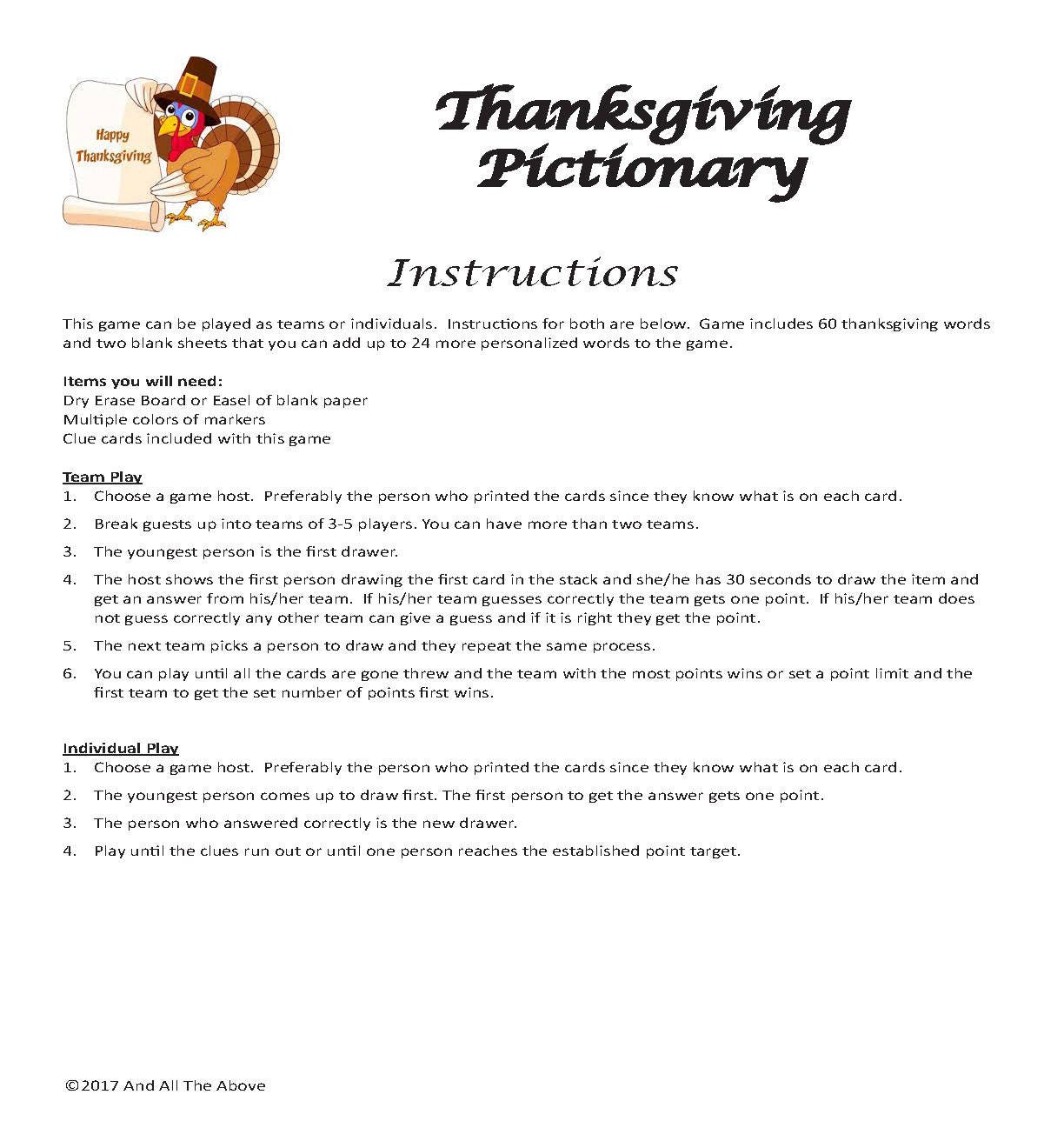 Thanksgiving Pictionary DIGITAL DOWNLOAD, Drawing Game, Thanksgiving ...