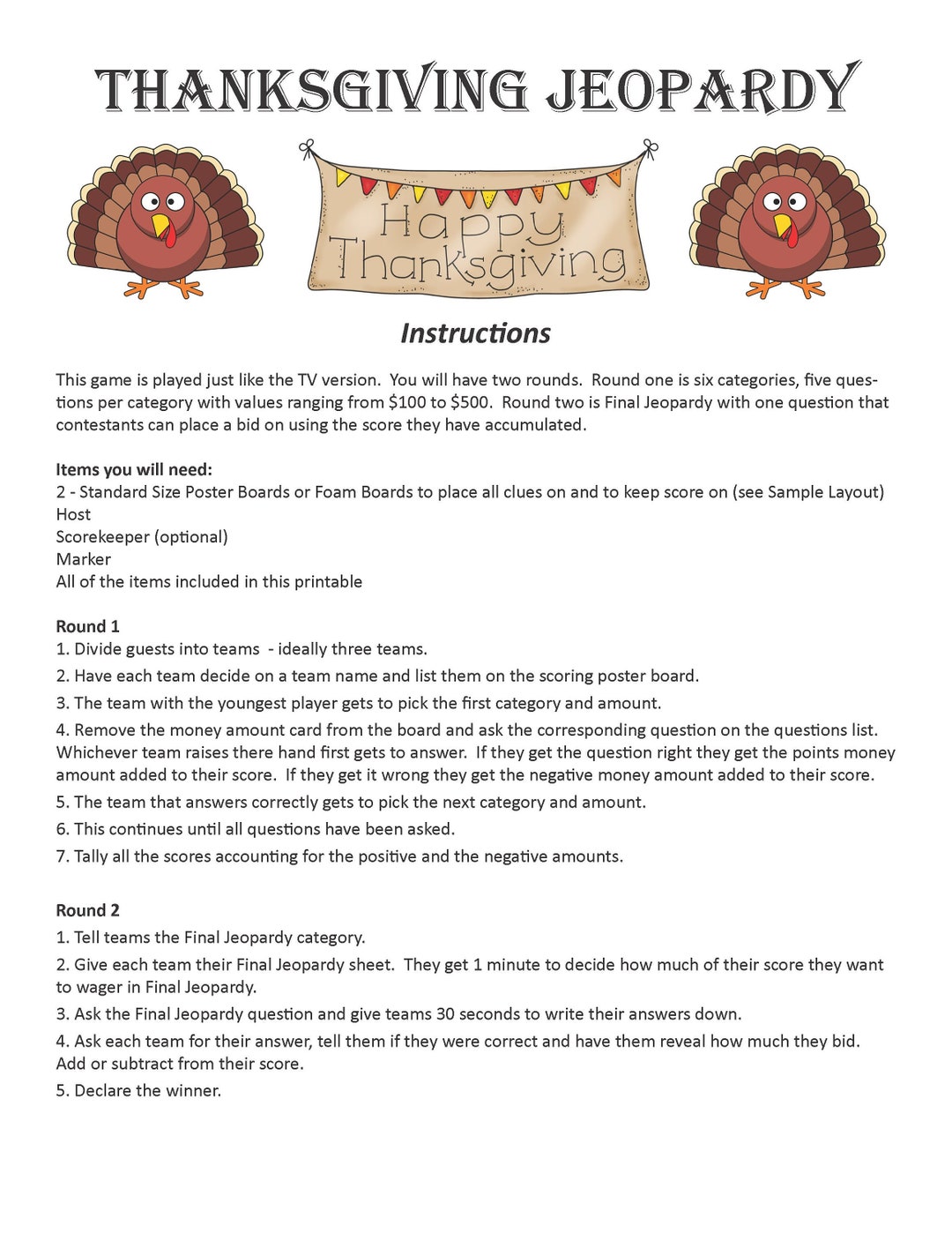 Thanksgiving Jeopardy DIGITAL DOWNLOAD, Trivia Game, Thanksgiving Party ...