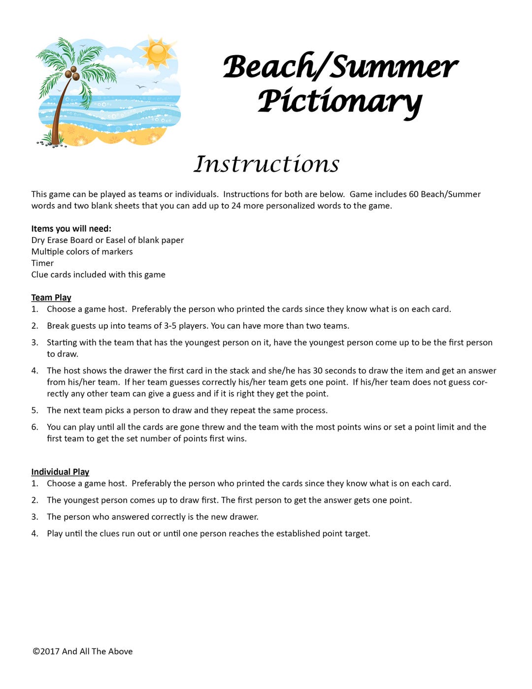 Beach - Summer Pictionary DIGITAL DOWNLOAD, Drawing Game, Party Games ...
