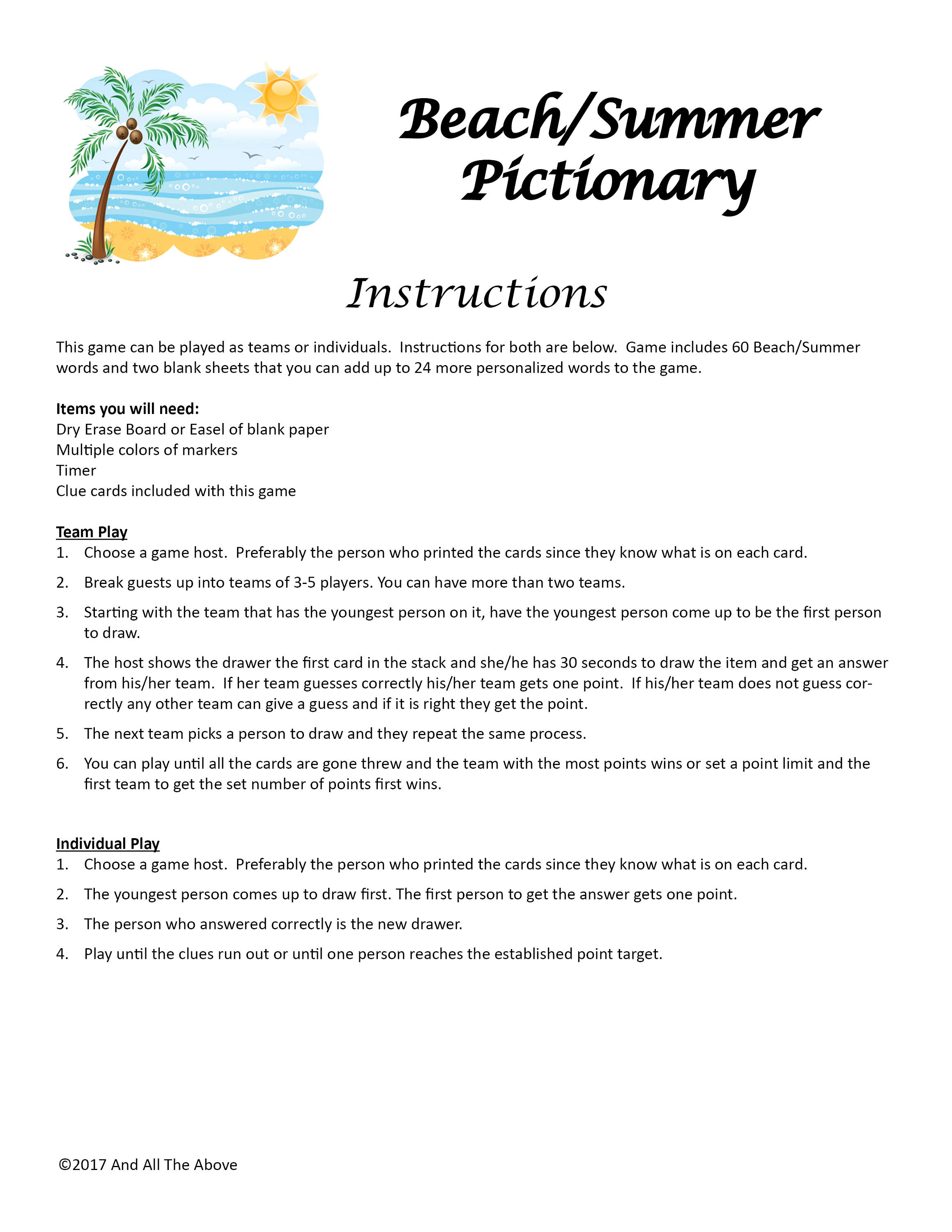 Beach - Summer Pictionary DIGITAL DOWNLOAD, Drawing Game, Party Games ...