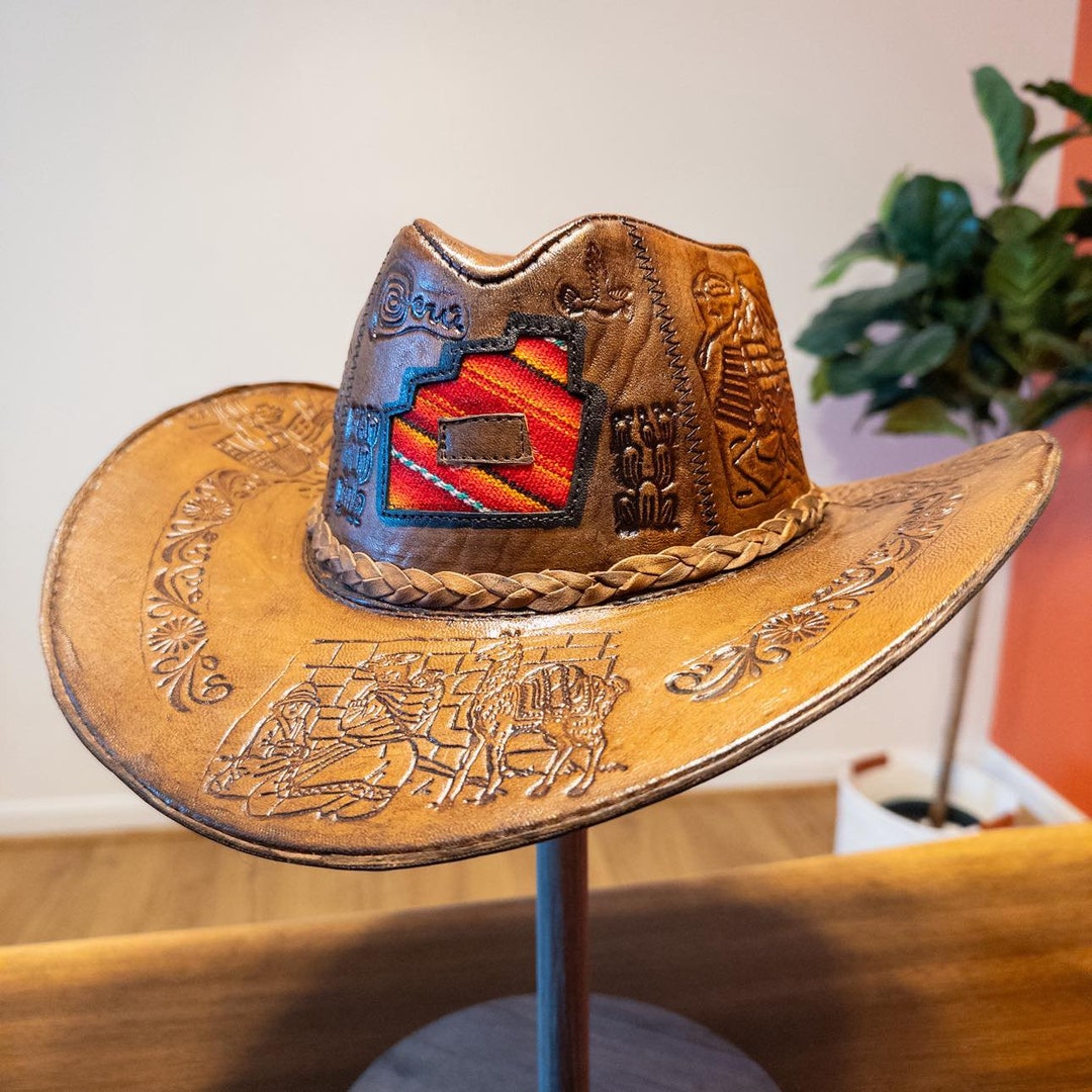 Brown Cowboy Leather Hat, Boho Rodeo Cap, Western Style, Genuine Fabric ...