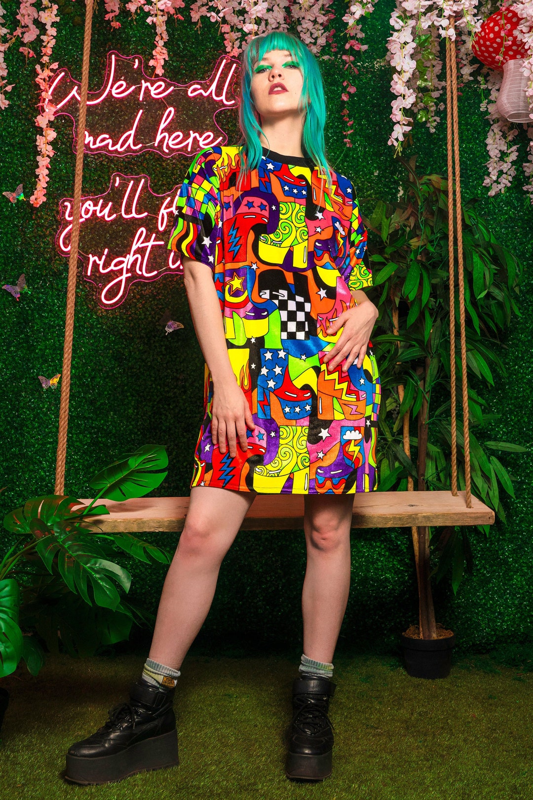 Boots Electric Velvet T-shirt Dress - UV Reactive, Festival Clothing ...