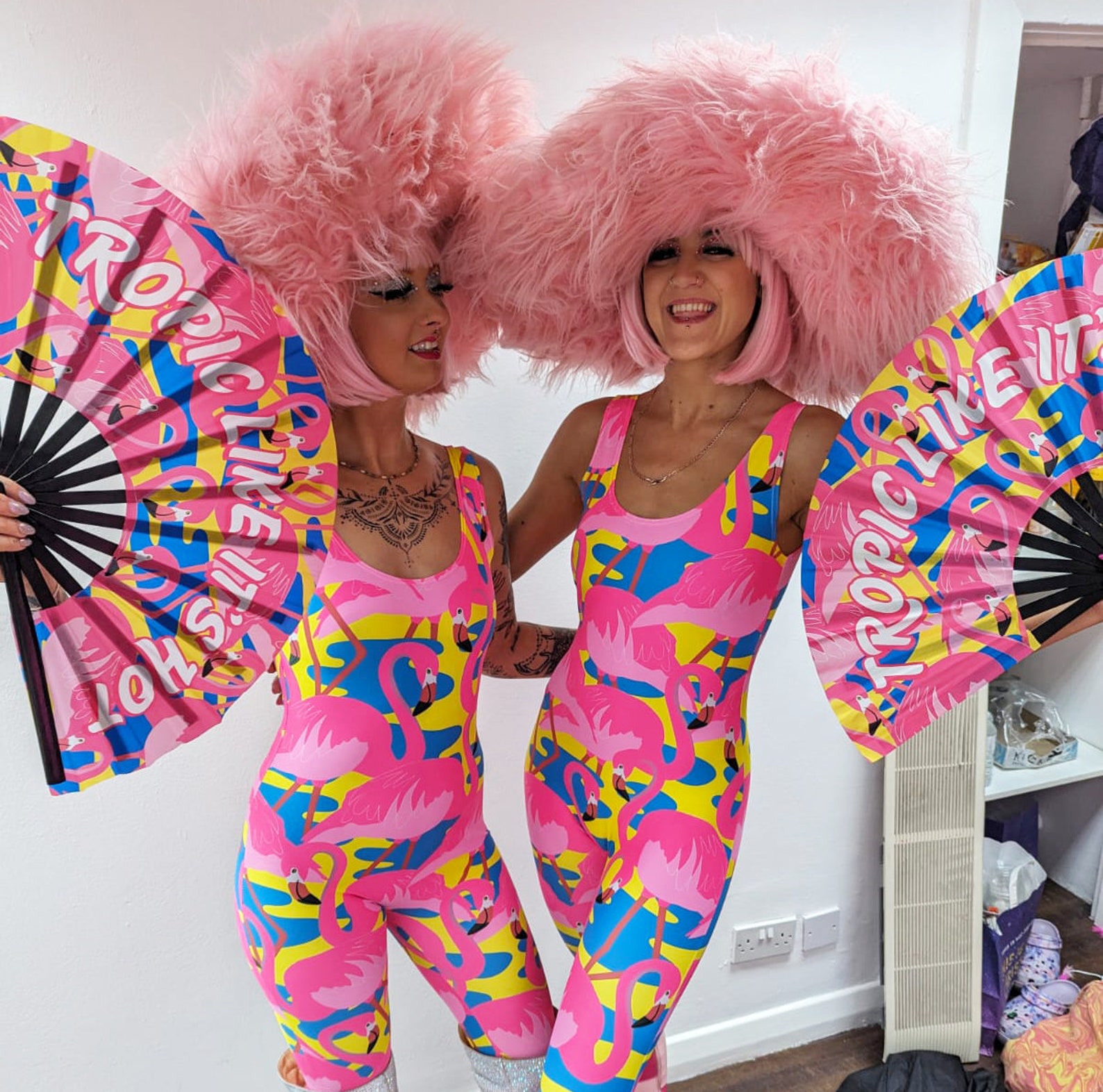 Flamingo Fiesta Large Hand Fan - Clacking Folding Statement Fan, Rave ...