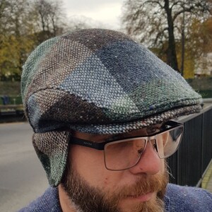 Traditional Irish Donegal Tweed Flat Cap - Green Brown Block Check - 100% Wool - Padded With ...