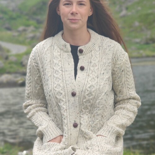 Irish Aran Wool Cardigan Lumber Jacket Cream Nep / With | Etsy