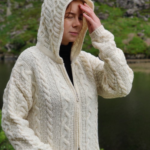 Irish Aran Wool Cardigan Lumber Jacket Cream Nep / With - Etsy