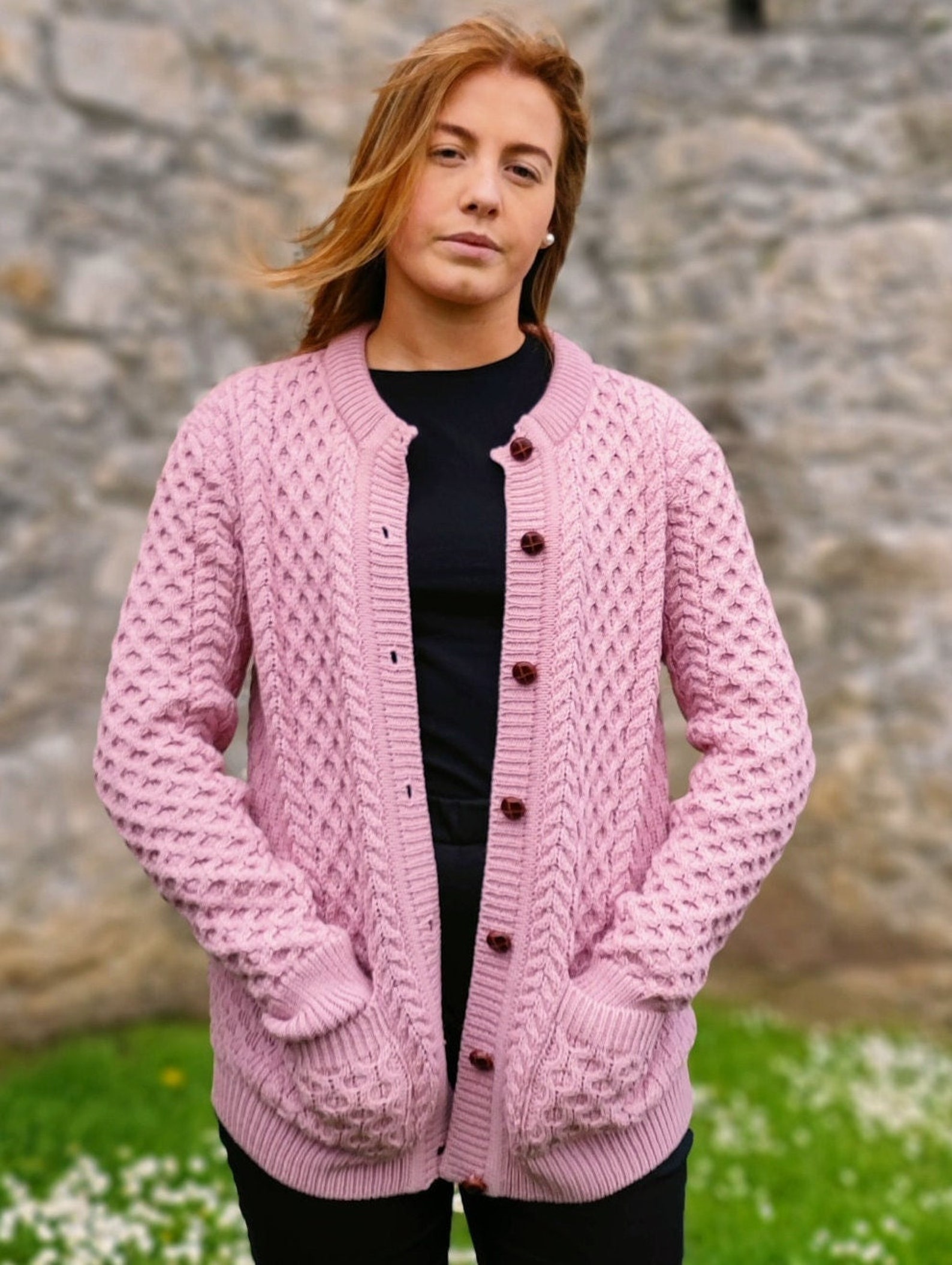Irish Aran Merino Wool Cardigan Lumber Jacket - Rose Ash / Pink -with ...