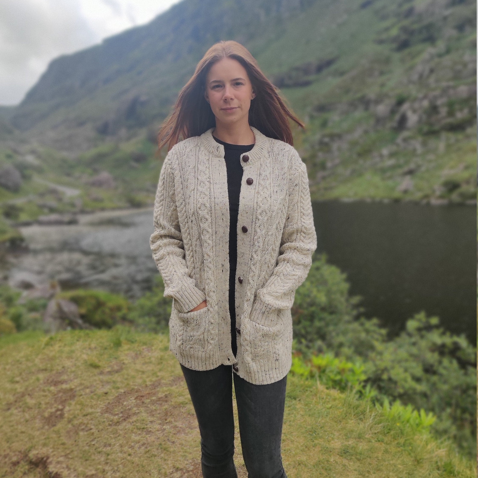 Irish Aran Wool Cardigan Lumber Jacket - Cream Nep / With Fleck ...