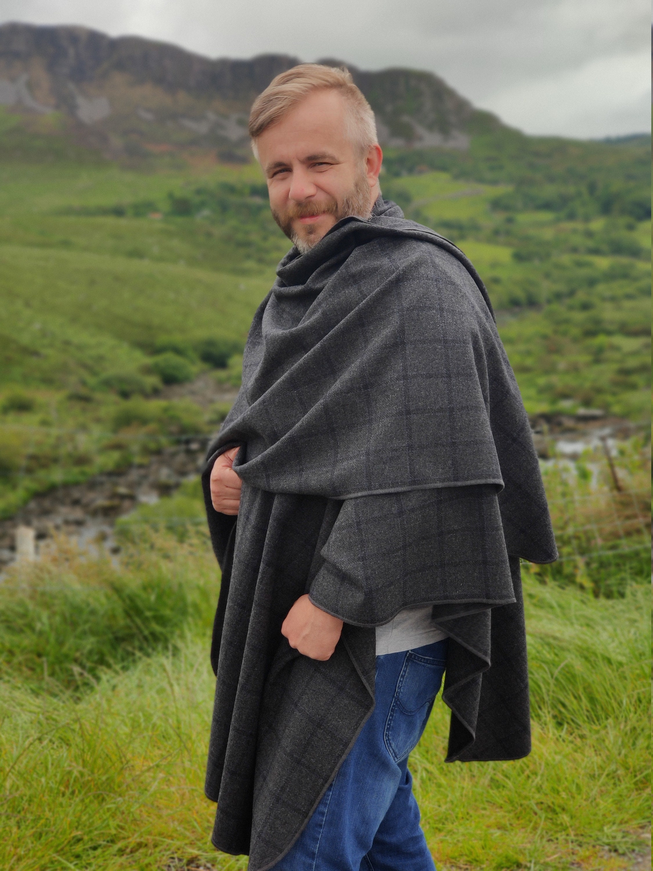 Irish tweed wool ruana, wrap, cape, cloak, arisaid -dark grey with ...