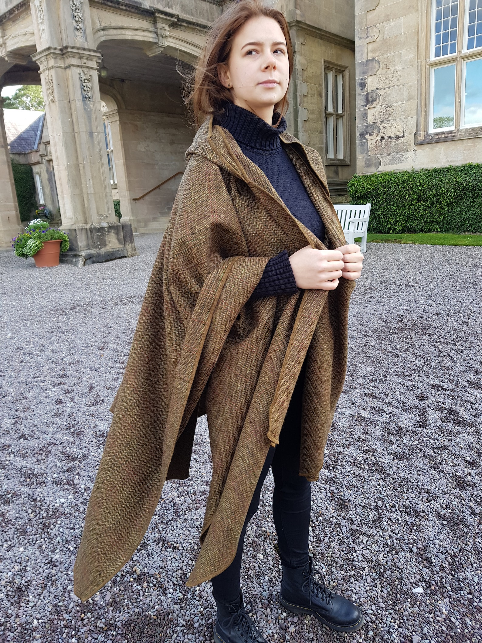 Irish Donegal Tweed Wool Hooded Cape, Ruana, Wrap, Cloak - Bronze/brown ...