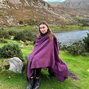 Irish Donegal Tweed Hooded Ruana, Wrap, Cape, Cloak, Robe - Purple Wine ...