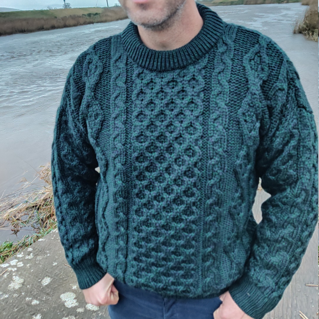 Traditional Aran Sweater - 100% Pure New Wool - Bottle Green / Navy ...
