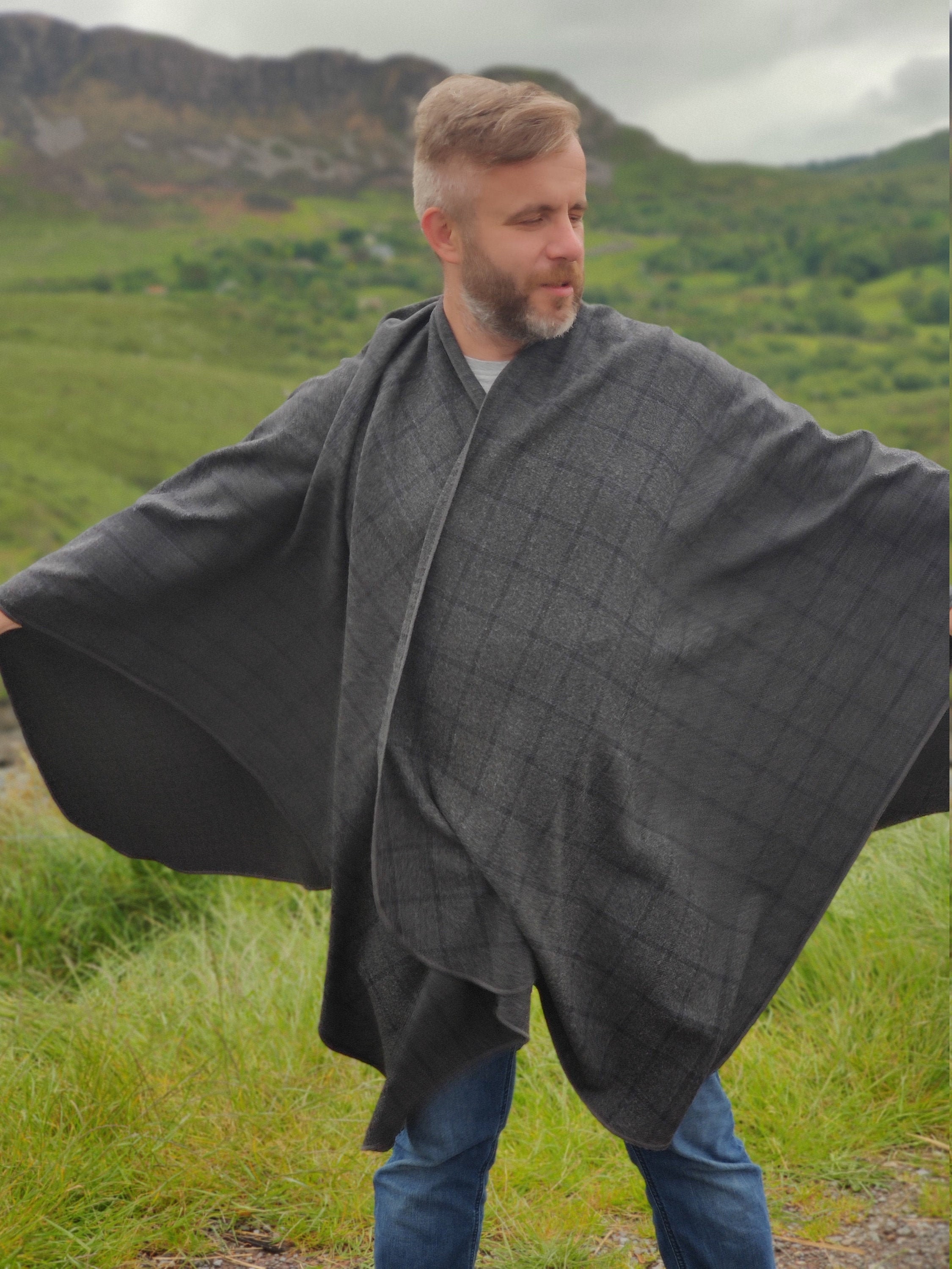 Irish tweed wool ruana, wrap, cape, cloak, arisaid -dark grey with ...