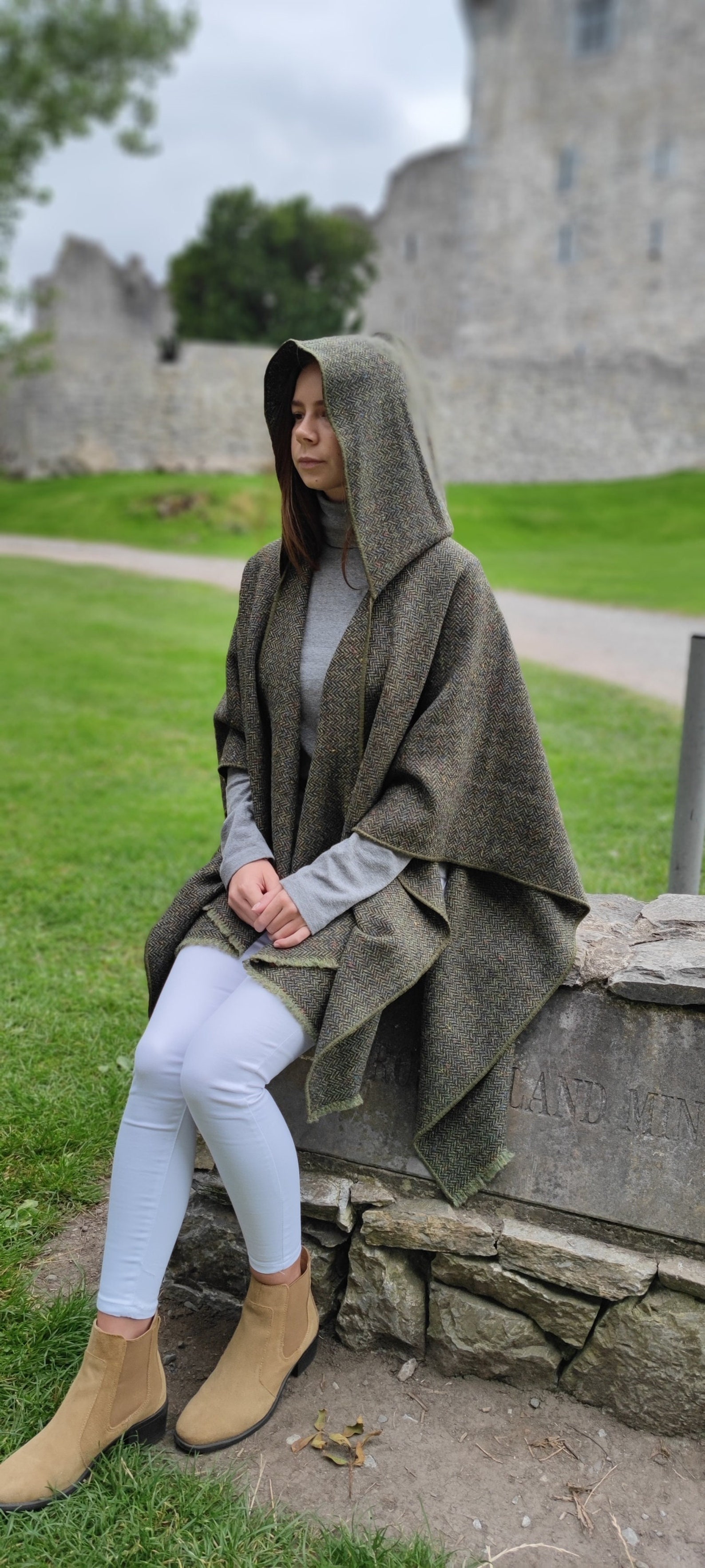 Irish Donegal Tweed Wool Hooded Ruana, Cape, Rectangle Cloak - Speckled ...