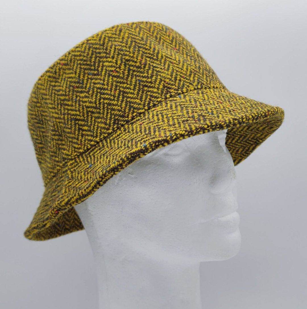 Ladies Irish Donegal Tweed Bucket Hat - Yellow/black Herringbone With ...