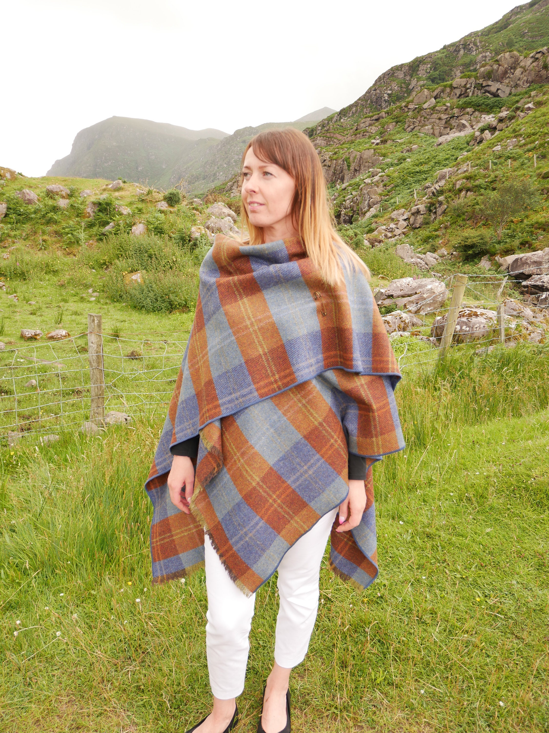 Irish tweed wool ruana, wrap, arisaid - burnt orange & blue tartan ...