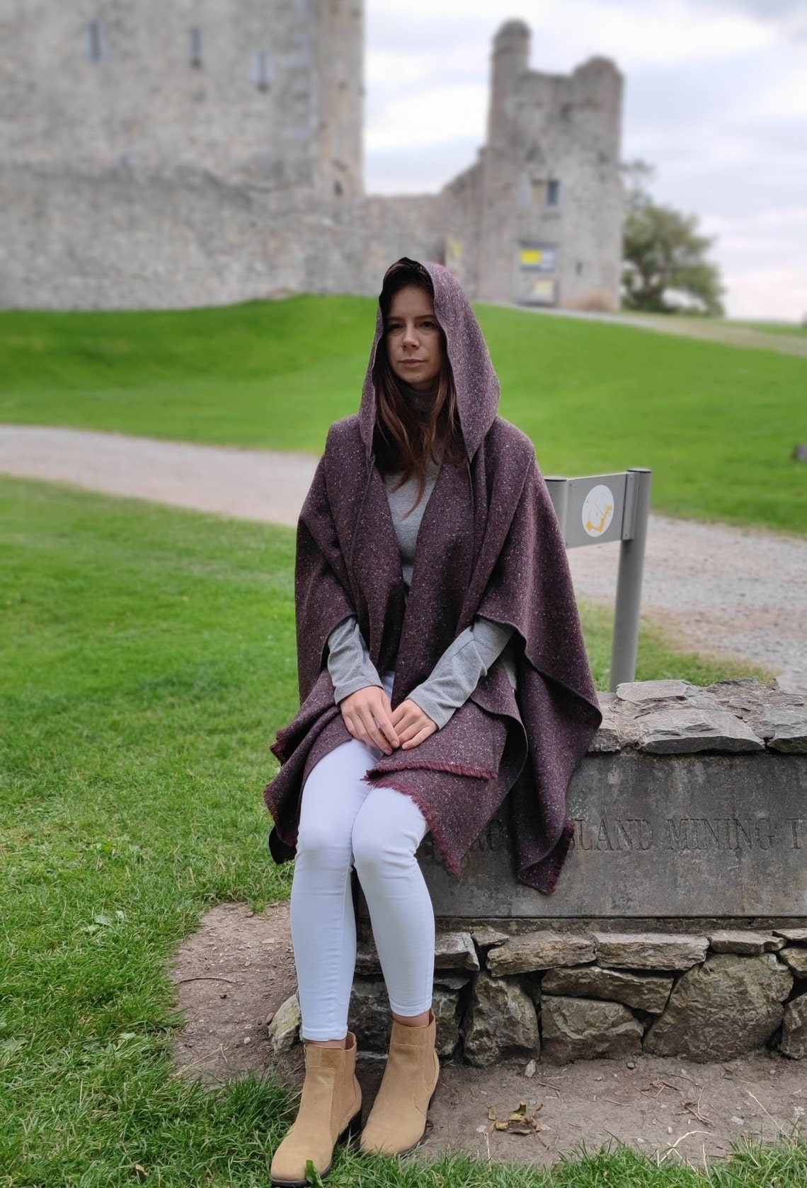 Irish Donegal Tweed Wool Hooded Ruana, Cape, Rectangle Cloak ...