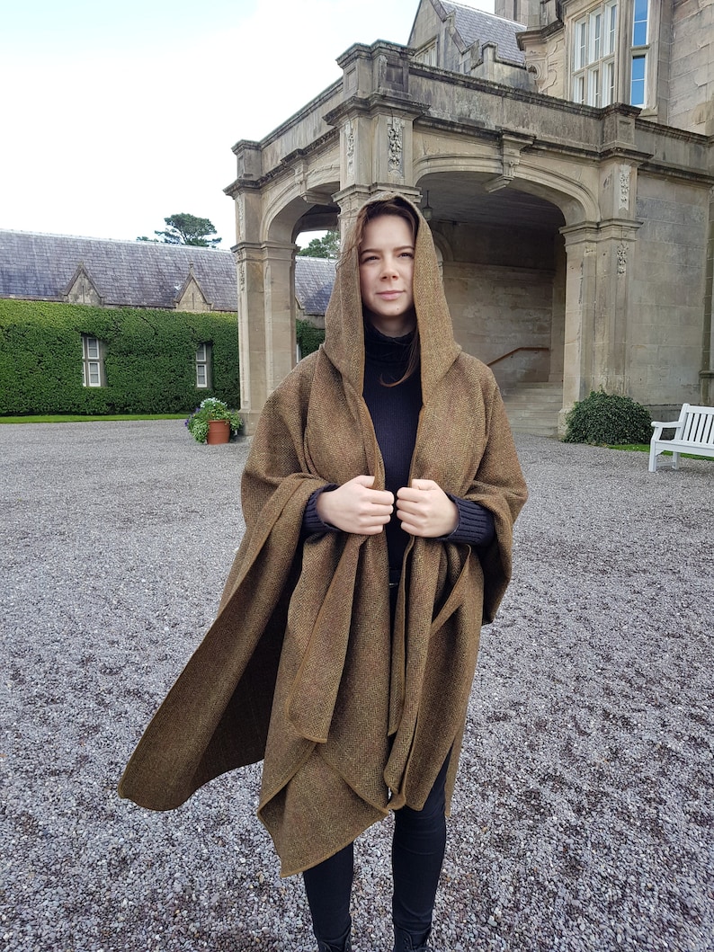 Irish Donegal Tweed Wool Hooded Cape, Ruana, Wrap, Cloak - Bronze/brown ...