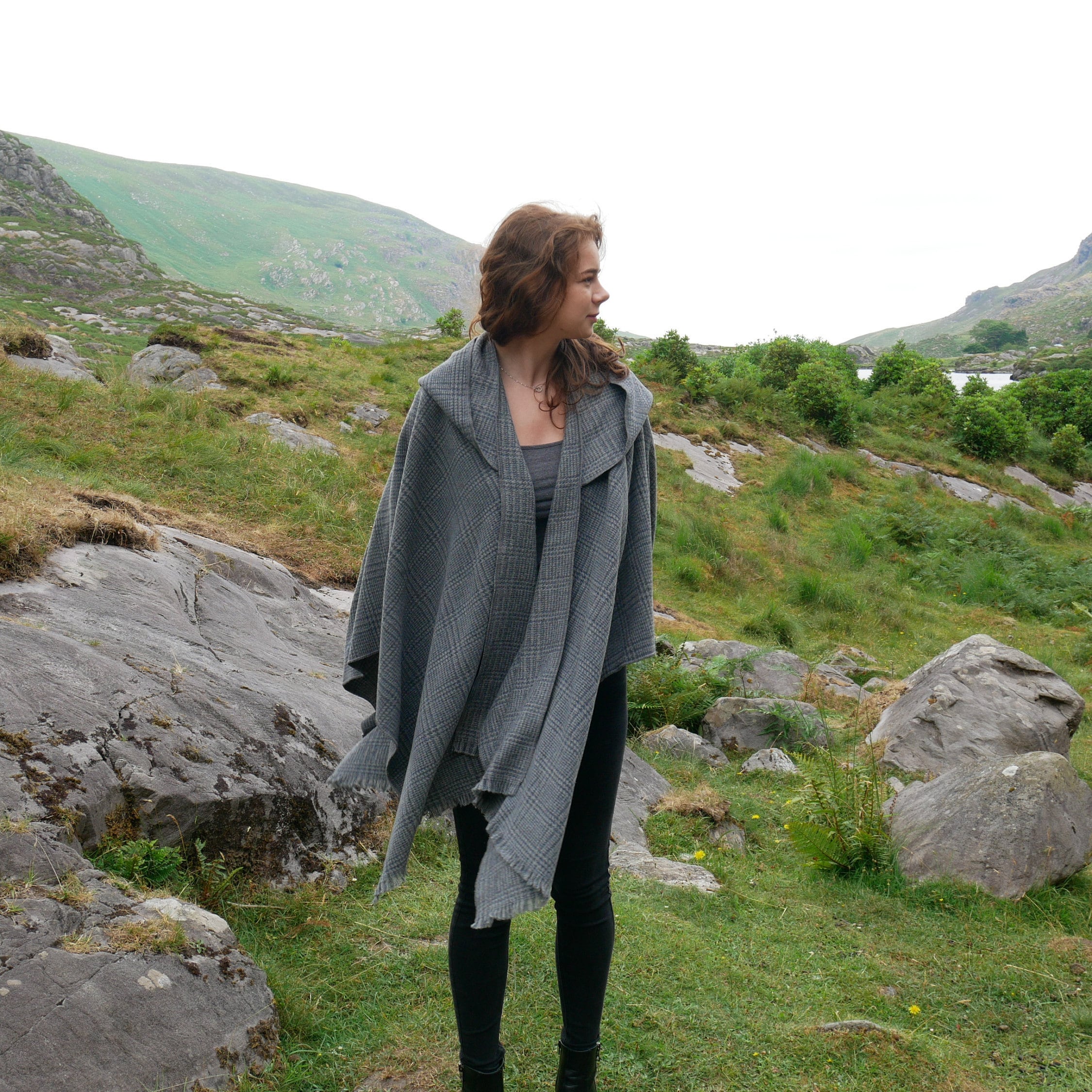 Irish wool hooded ruana, wrap, arisaid - grey tartan , plaid - ready ...