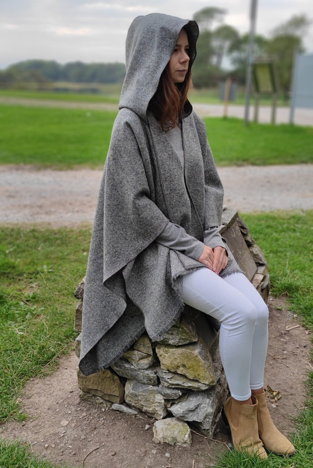 Irish Donegal Tweed Wool Hooded Ruana, Cape, Rectangle Cloak ...