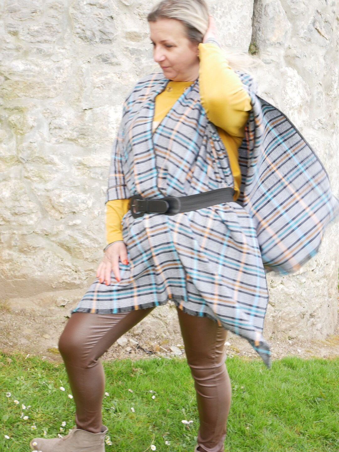 Burette Silk Summer Ruana Wrap Cape - Grey White Navy Teal Orange Plaid ...