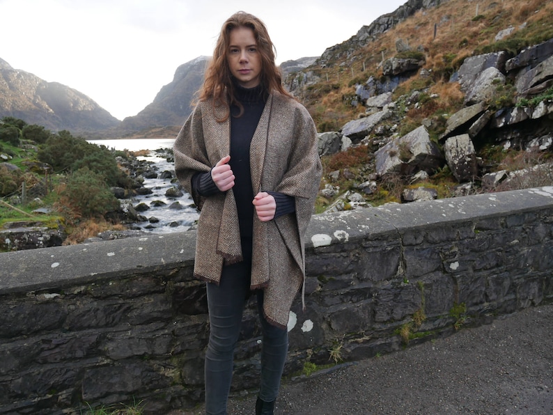 Irish Donegal Tweed Ruana, Wrap, Cape, - Brown/beige Herringbone With ...