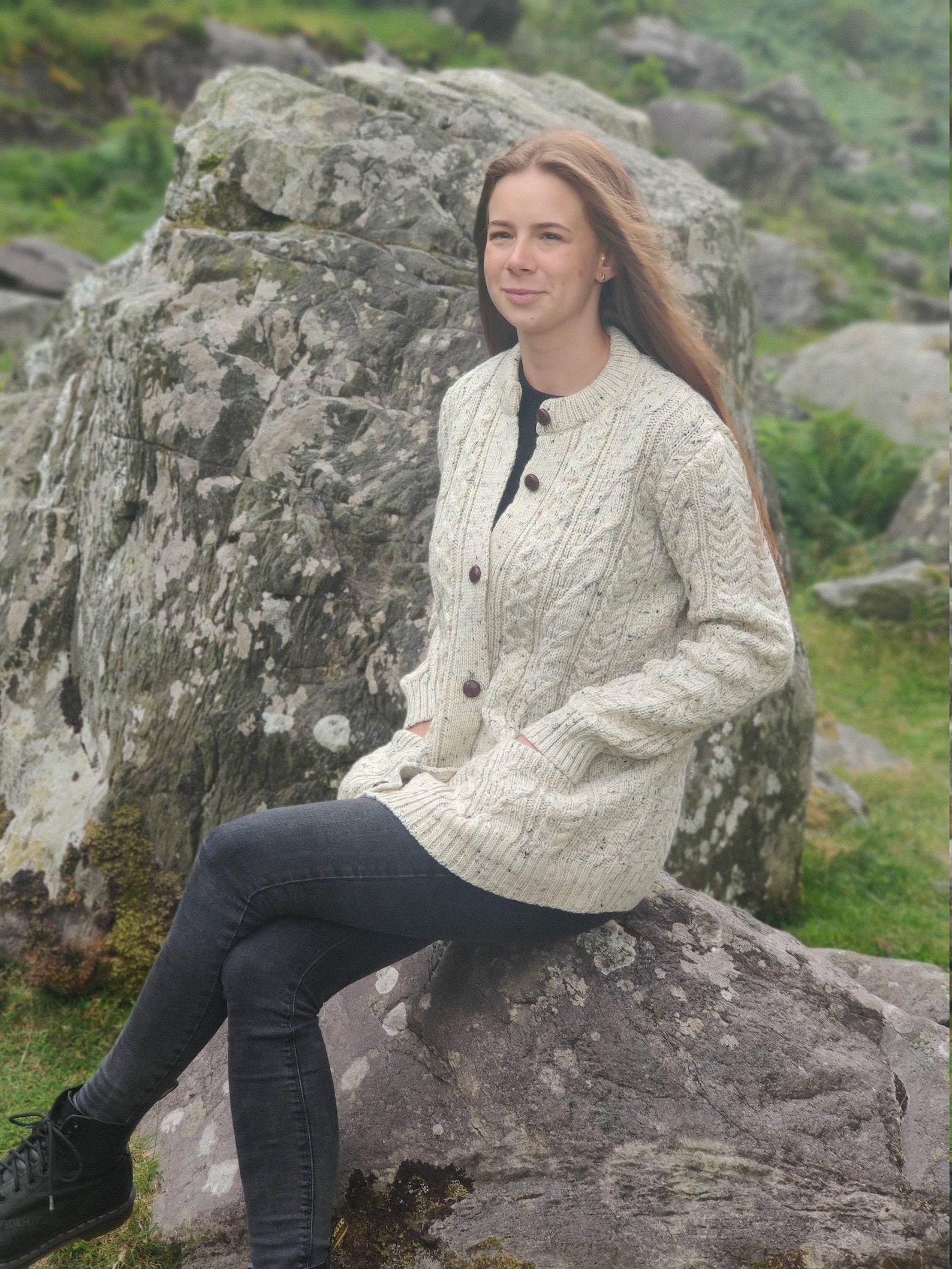 Irish Aran Wool Cardigan Lumber Jacket - Cream Nep / With Fleck ...