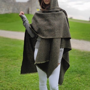 Irish Donegal Tweed Wool Hooded Ruana, Cape, Rectangle Cloak - Speckled ...