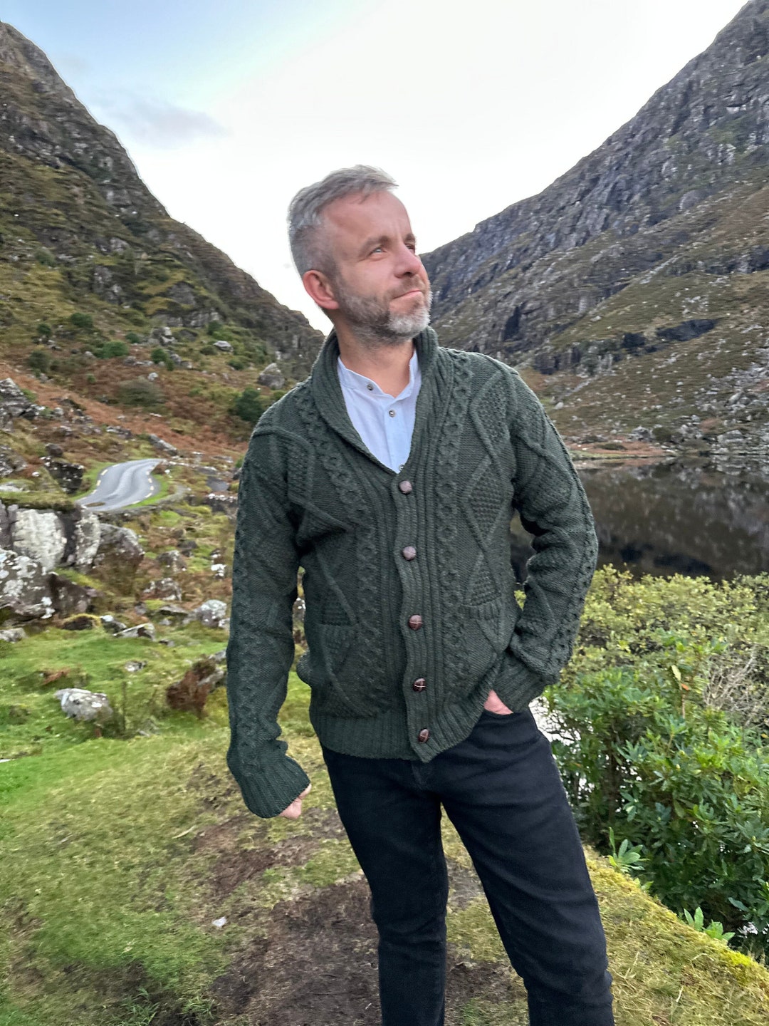 Mens Aran Buttoned V-neck Cardigan - Irish Cardigan - 100% Merino Wool ...