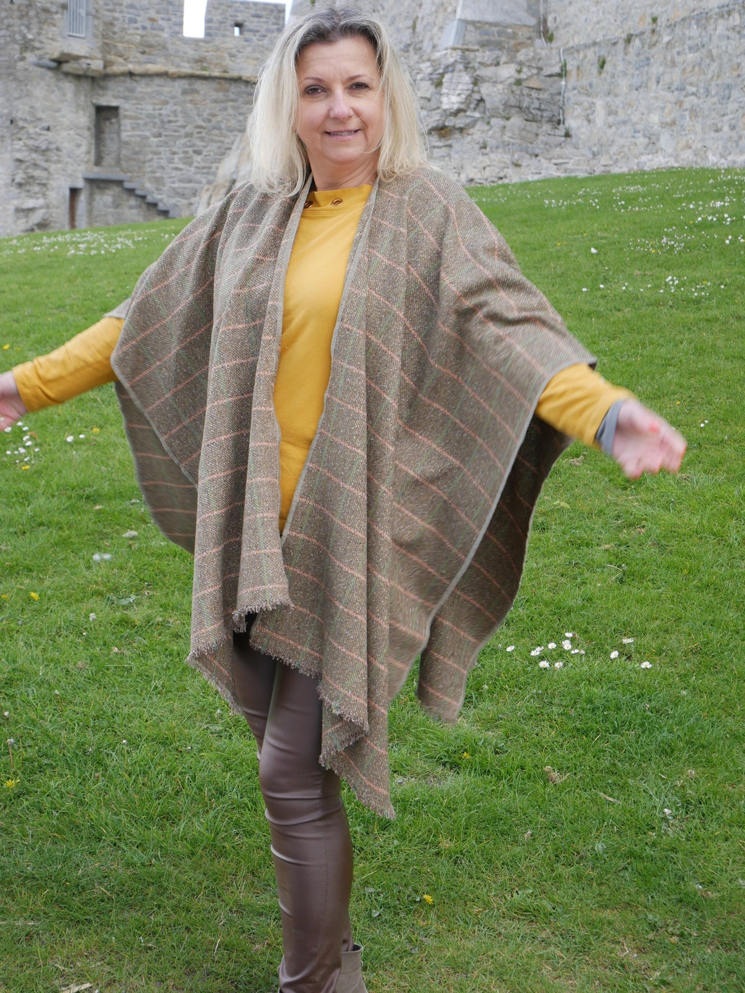 Burette Silk Summer Ruana Wrap, Cape - Light Brown With Green Teal ...