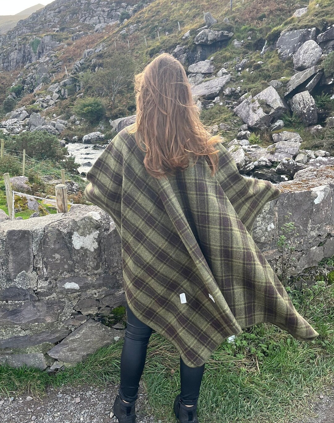 Irish Donegal Tweed Wool Hooded Ruana, Wrap, Cape Green Brown Plaid ...