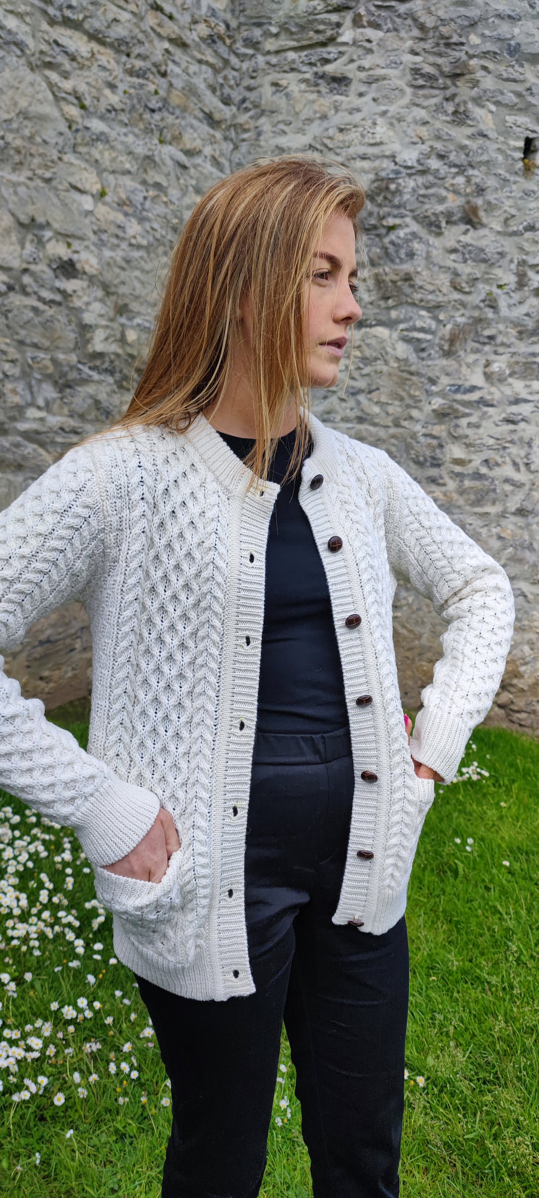 Irish Aran Merino Wool Cardigan Lumber Jacket - Natural White - With ...