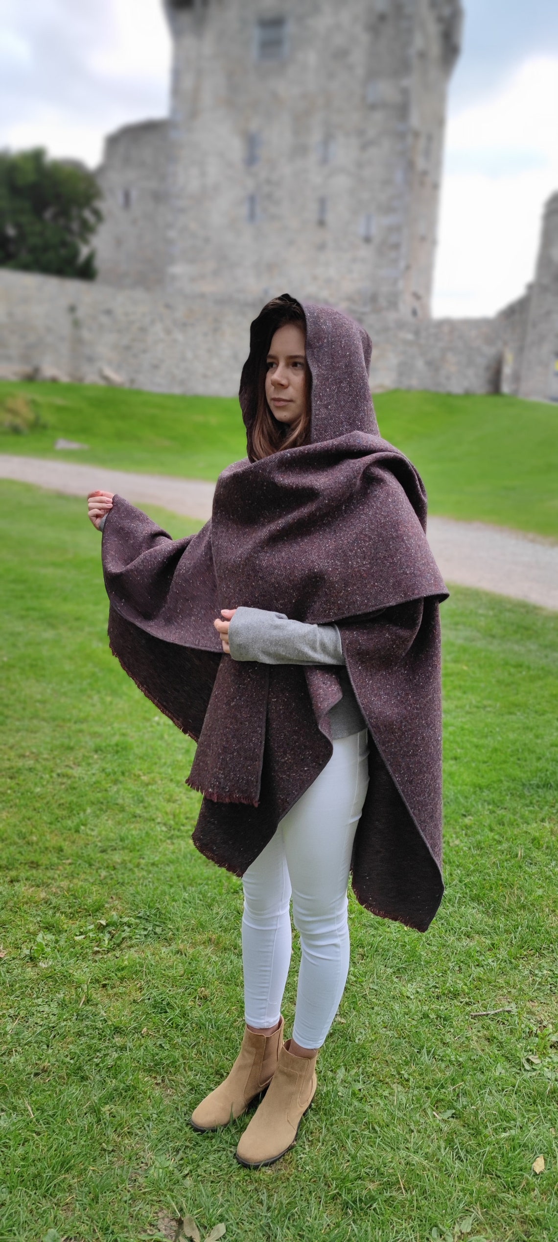 Irish Donegal Tweed Wool Hooded Ruana, Cape, Rectangle Cloak ...