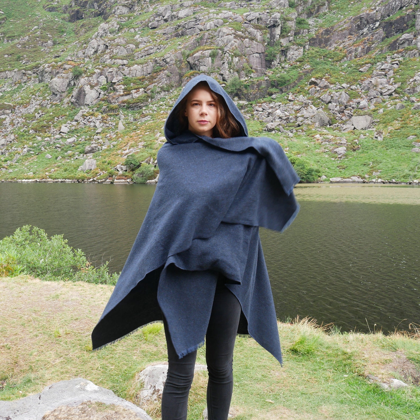 Irish Woven Wool Hooded Ruana, Cape, Rectangle Cloak, Wrap - 100% Pure ...