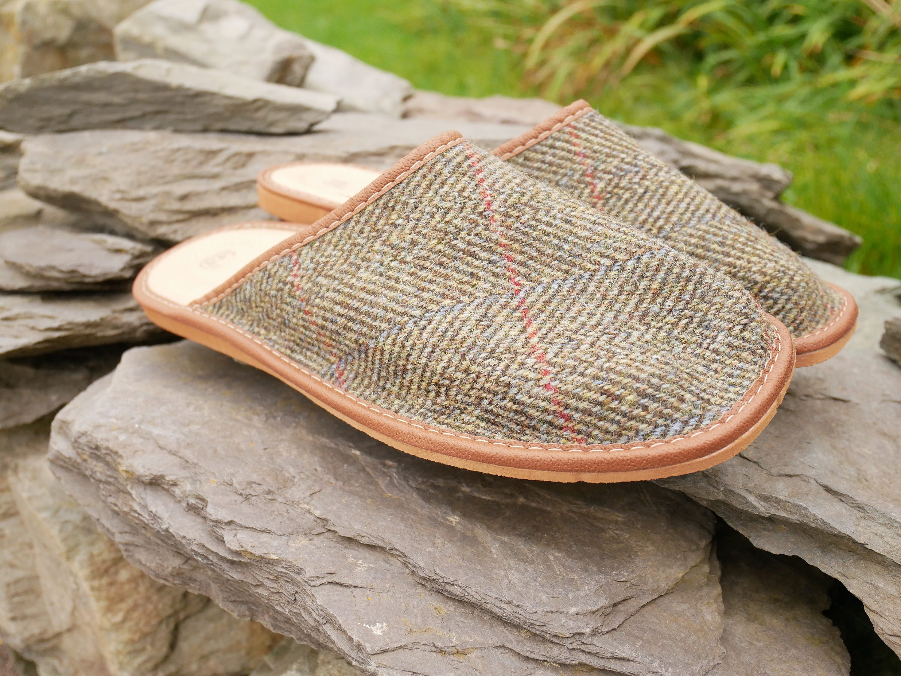 Irish Tweed & Leather slippers -FREE SHIPPING- with durable sole-green ...