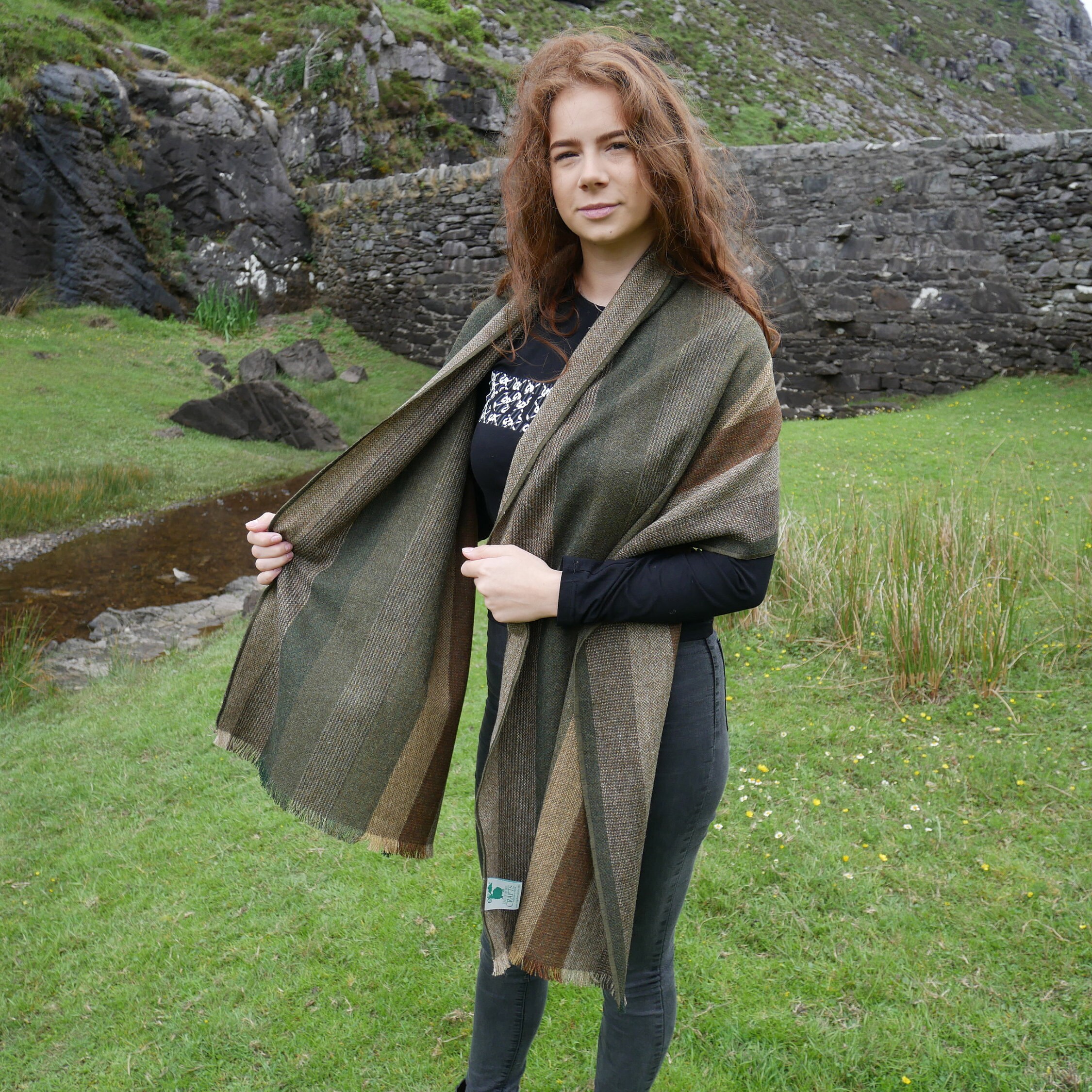 Irish tweed shawl,oversized scarf,stole - green/brown/beige stripes ...