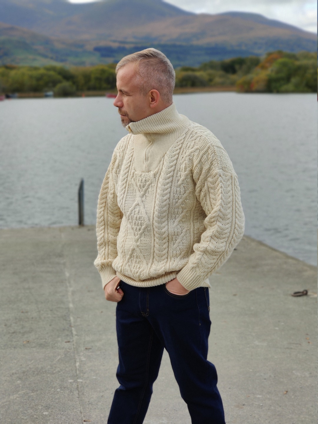 Organic Irish Wool Aran Half Zip Sweater - Cream - Undyed - 100% Pure ...